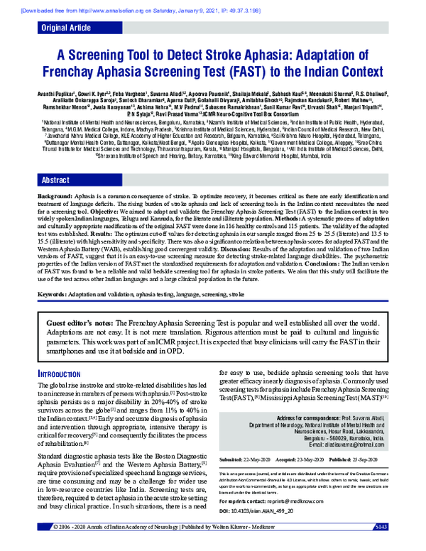 (PDF) A Screening Tool to Detect Stroke Aphasia: Adaptation of Frenchay ...