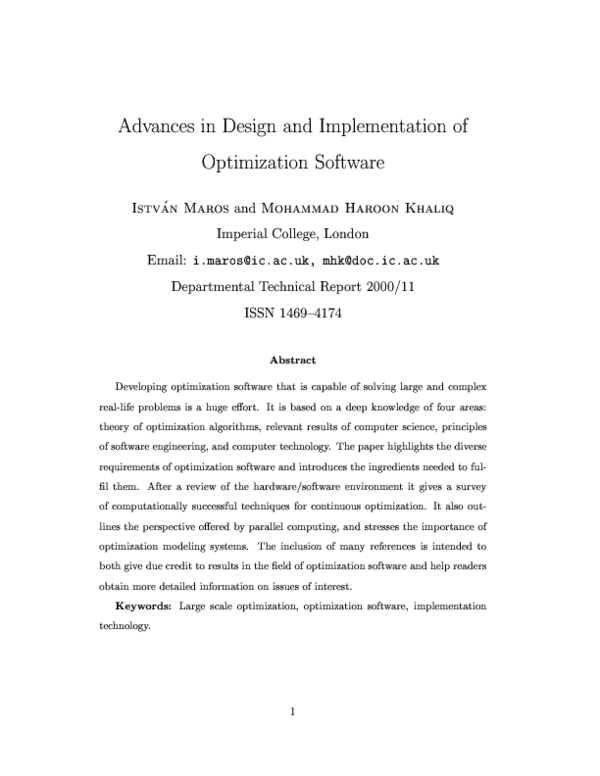 (PDF) Advances in design and implementation of optimization software