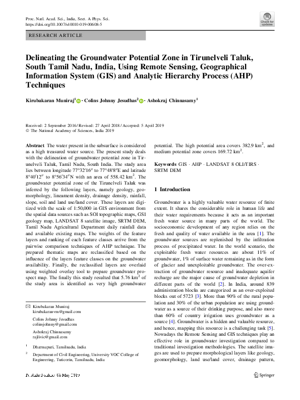 (PDF) Delineating the Groundwater Potential Zone in Tirunelveli Taluk, South Tamil Nadu, India ...