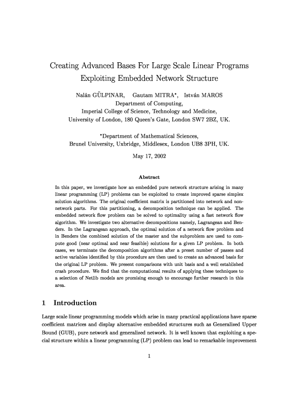 Pdf Creating Advanced Bases For Large Scale Linear Programs Exploiting Embedded Network