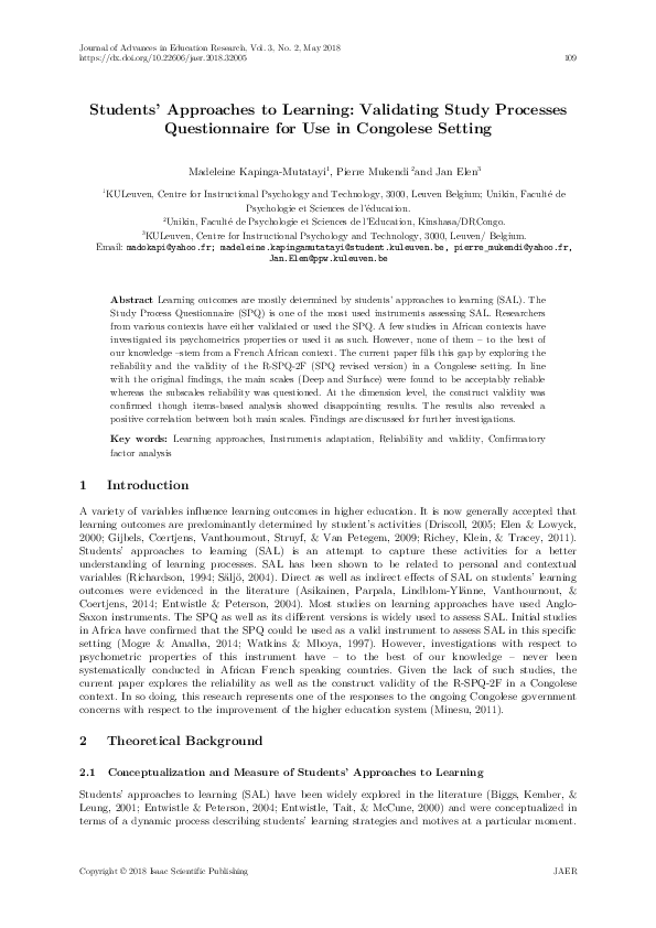 (PDF) Students’ Approaches to Learning: Validating Study Processes Questionnaire for Use in ...