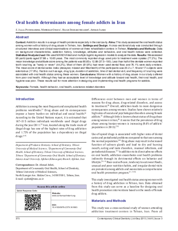 (PDF) Oral health determinants among female addicts in Iran