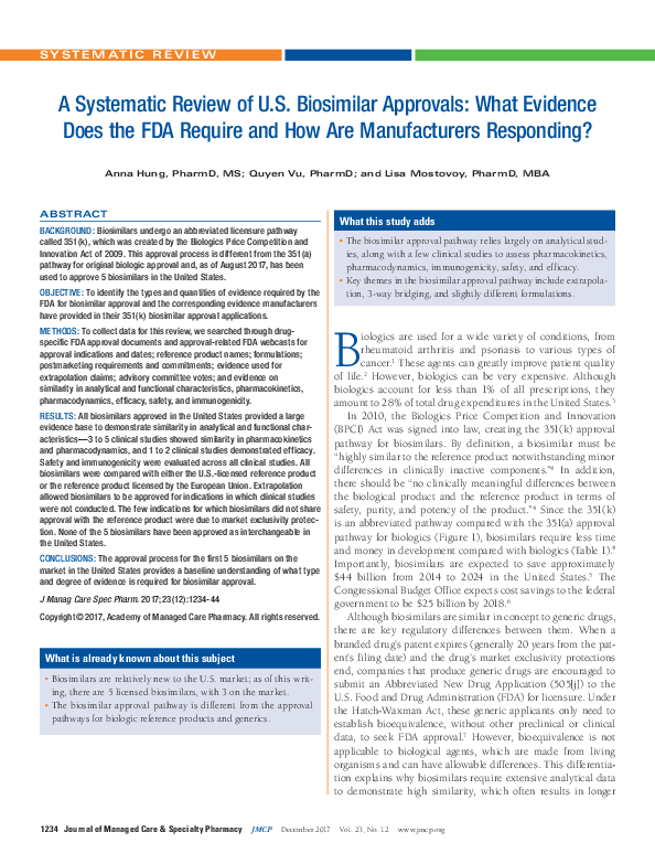 (PDF) A Systematic Review of U.S. Biosimilar Approvals: What Evidence ...