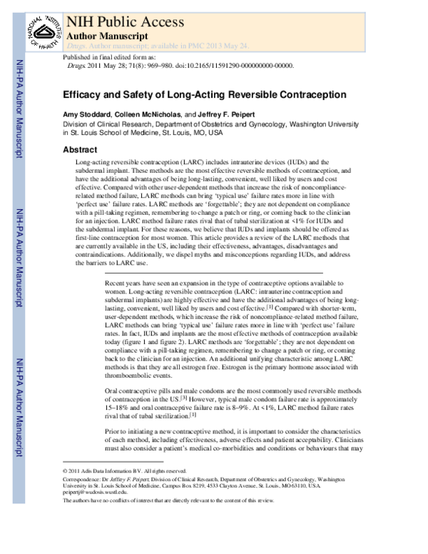 Pdf Efficacy And Safety Of Long Acting Reversible Contraception