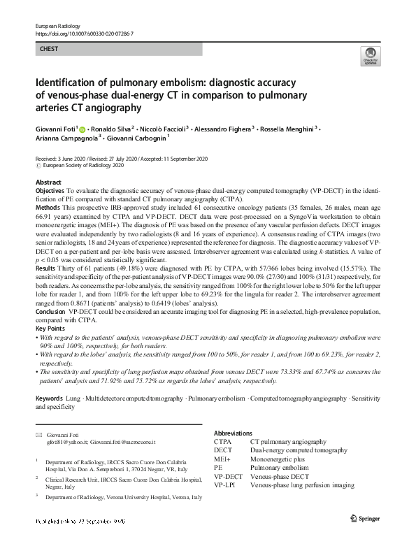 (PDF) Identification of pulmonary embolism: diagnostic accuracy of ... (PDF) Identification of pulmonary embolism: diagnostic accuracy of ...