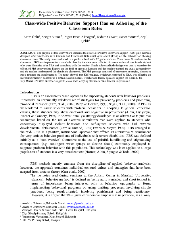 (PDF) Class-wide Positive Behavior Support Plan on Adhering of the ...