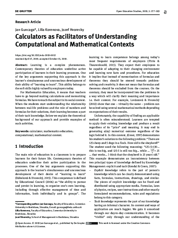 (PDF) Calculators as Facilitators of Understanding Computational and Mathematical Contexts
