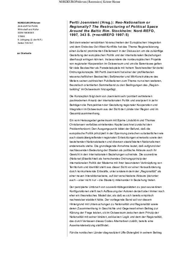 (PDF) Pertti Joenniemi (Hrsg.): "Neo-Nationalism or Regionally? The Restructuring of Political ...