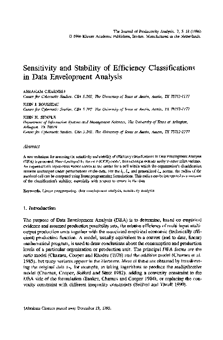 (PDF) Sensitivity and stability of efficiency classifications in Data Envelopment Analysis