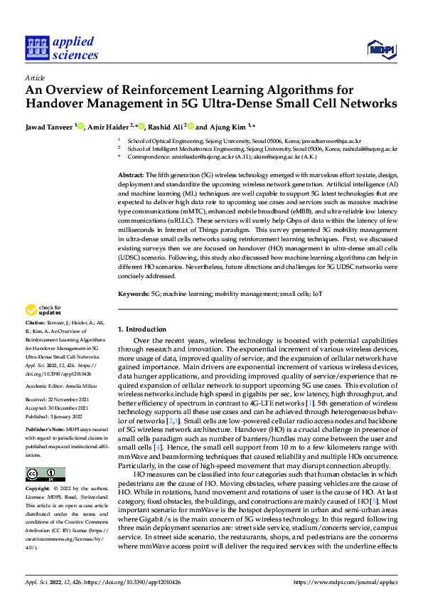 (PDF) An Overview of Reinforcement Learning Algorithms for Handover Management in 5G Ultra-Dense ...