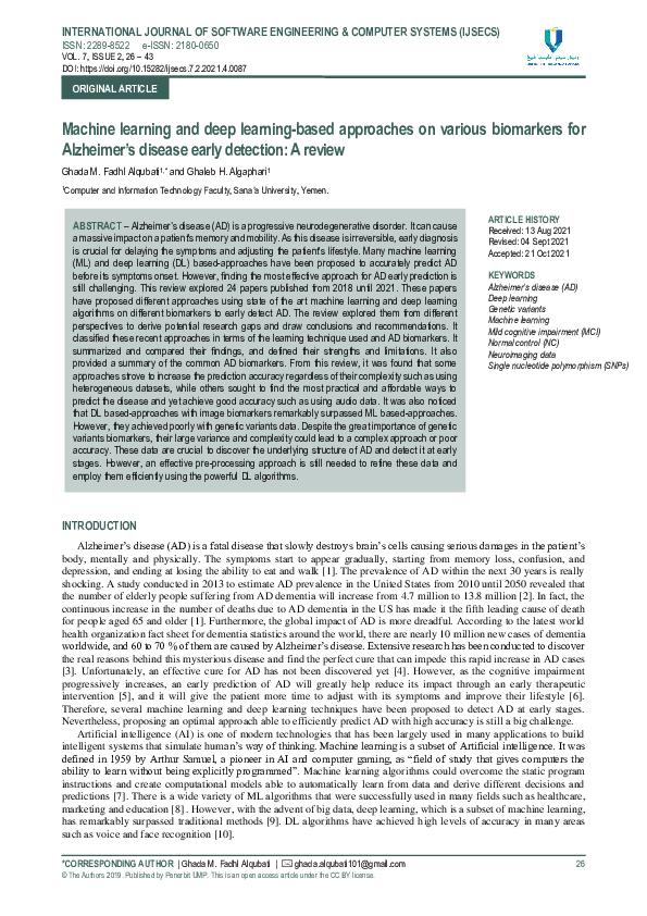 Pdf Machine Learning And Deep Learning Based Approaches On Various Biomarkers For Alzheimers