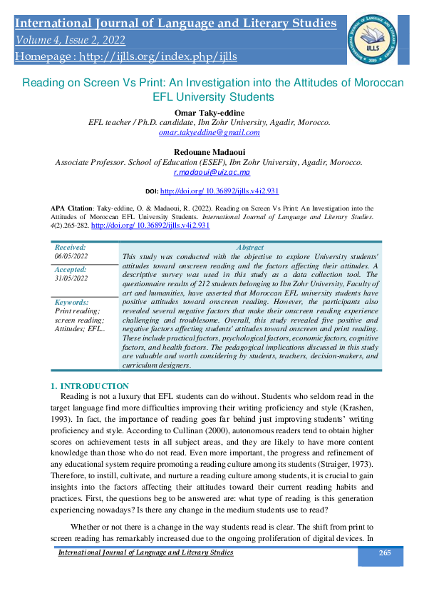 (PDF) Reading on Screen Vs Print: An Investigation into the Attitudes of Moroccan EFL University ...