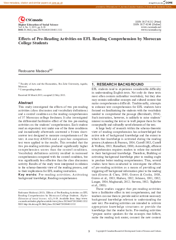 (PDF) Effects of Pre-Reading Activities on EFL Reading Comprehension by ...