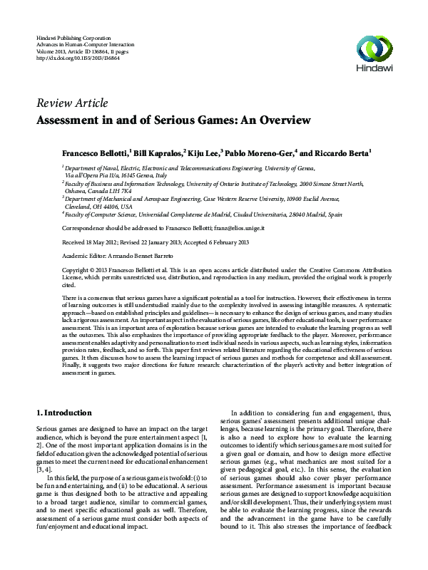 (PDF) Assessment in and of Serious Games: An Overview