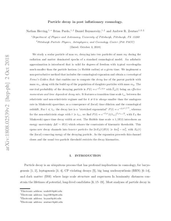 (PDF) Particle decay in post inflationary cosmology