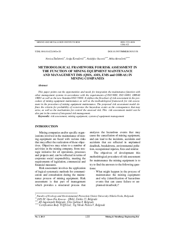(PDF) Methodological framework for risk assessment in the function of mining equipment ...