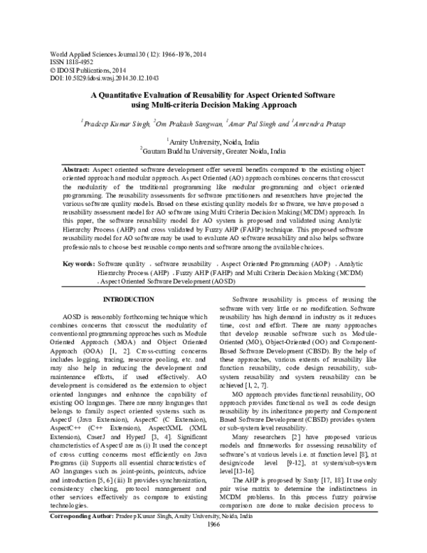 Pdf A Quantitative Evaluation Of Reusability For Aspect Oriented Software Using Multi Criteria