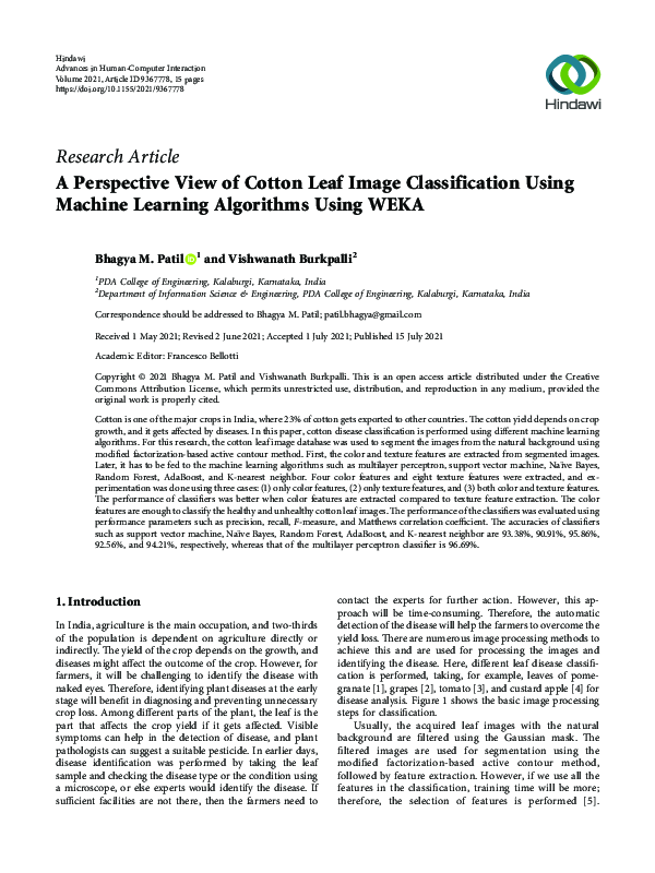 (PDF) A Perspective View of Cotton Leaf Image Classification Using Machine Learning Algorithms ...