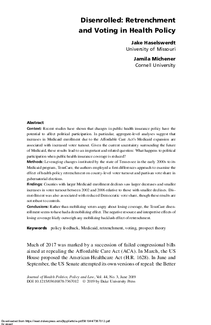 (PDF) Disenrolled: Retrenchment and Voting in Health Policy