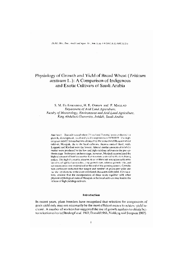 (PDF) Physiology of Growth and Yield of Bread Wheat (Triticum aestivum L.): A Comparison of ...