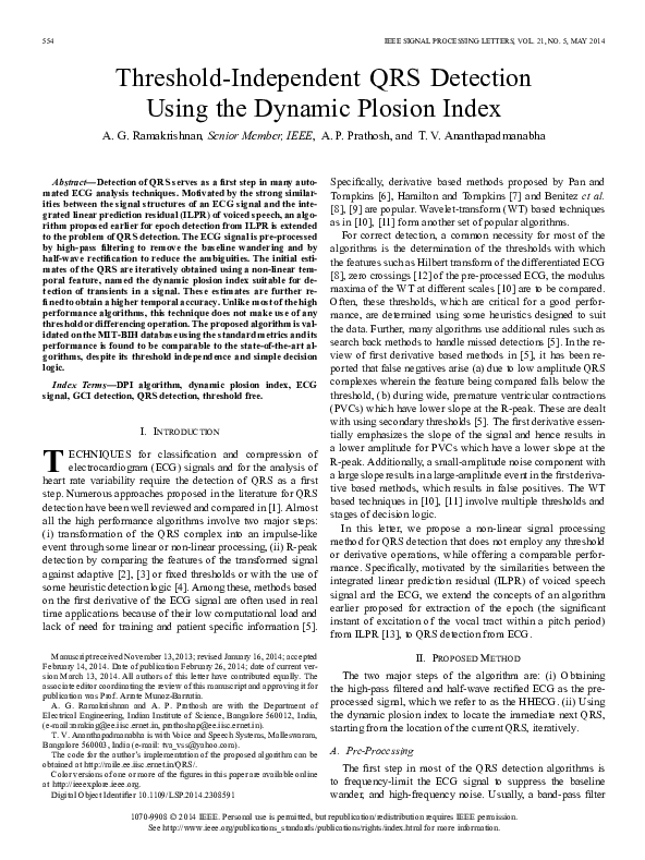 (PDF) Threshold-Independent QRS Detection Using the Dynamic Plosion Index
