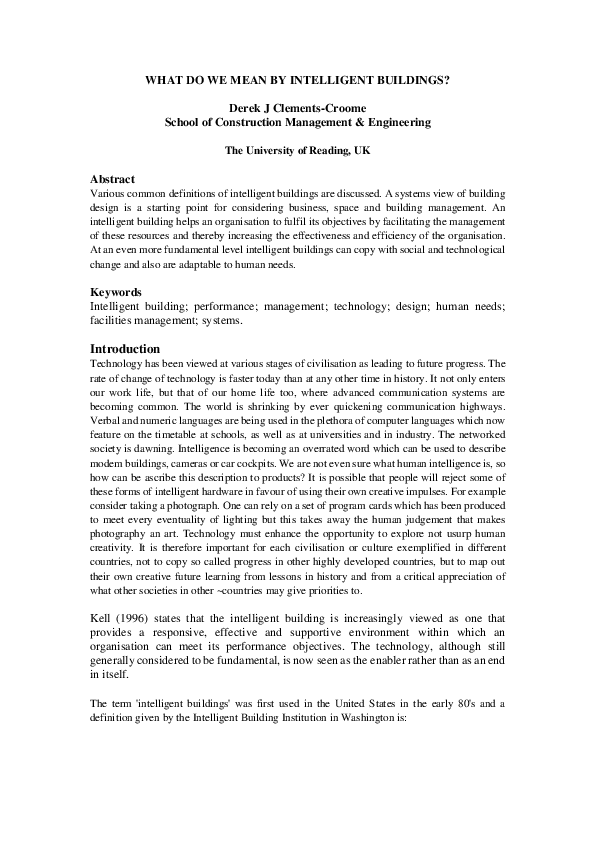(PDF) What do we mean by intelligent buildings?