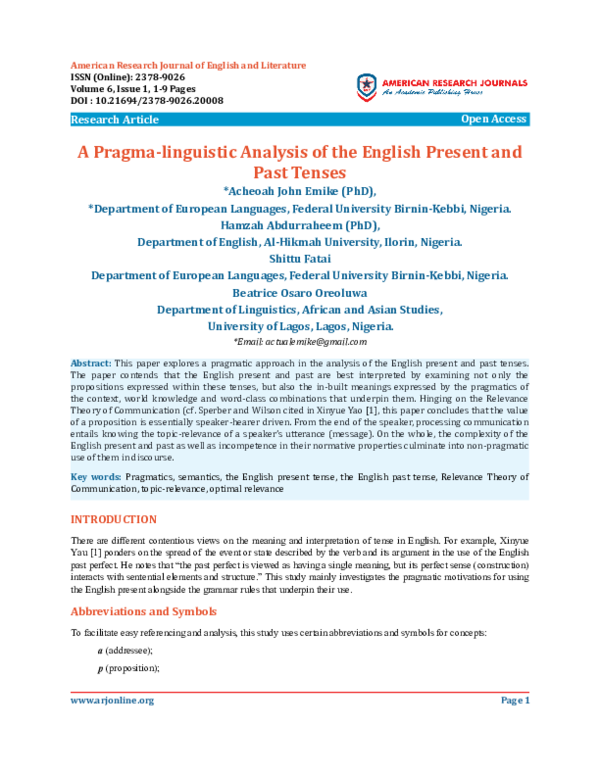 (PDF) A Pragma-linguistic Analysis of the English Present and Past Tenses