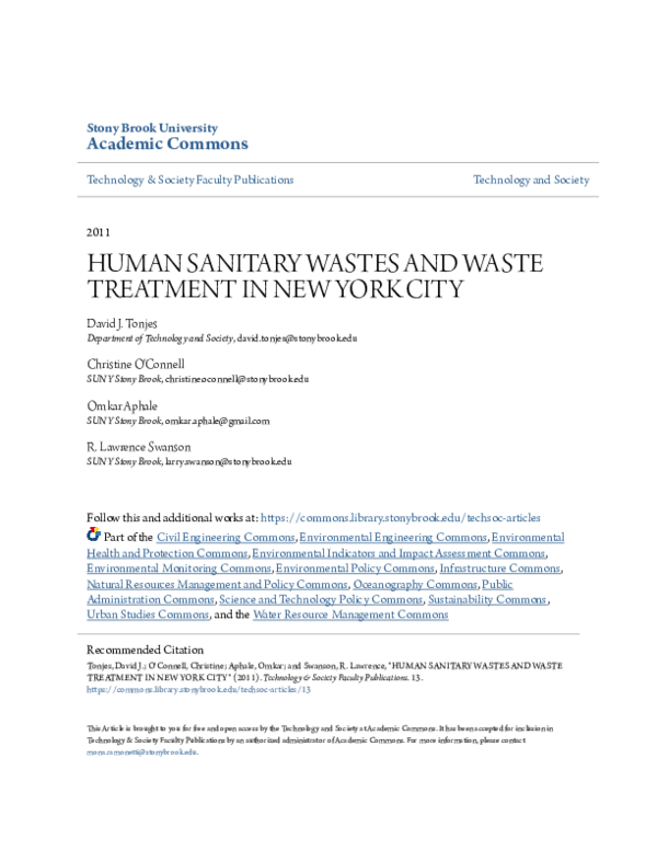 (PDF) Human Sanitary Wastes and Waste Treatment in New York City