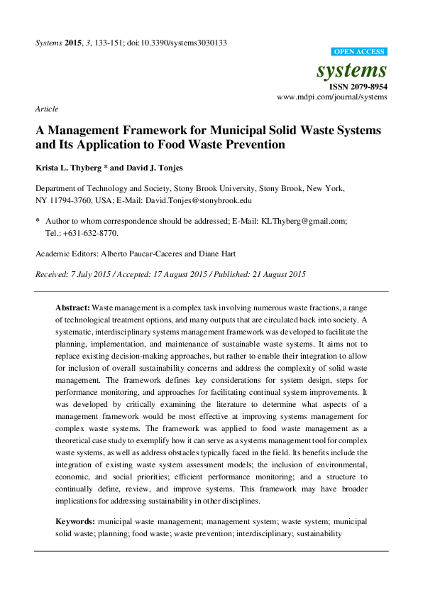 (PDF) A Management Framework for Municipal Solid Waste Systems and Its ...