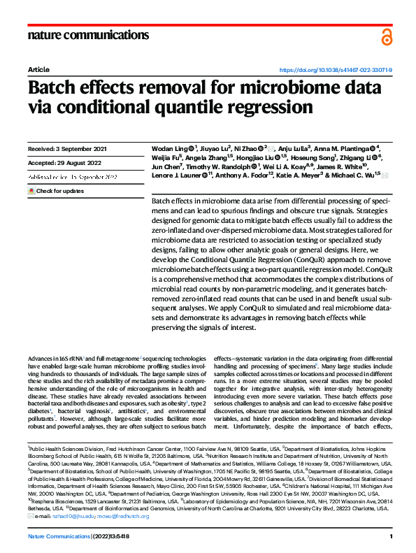 (PDF) Batch effects removal for microbiome data via conditional quantile regression