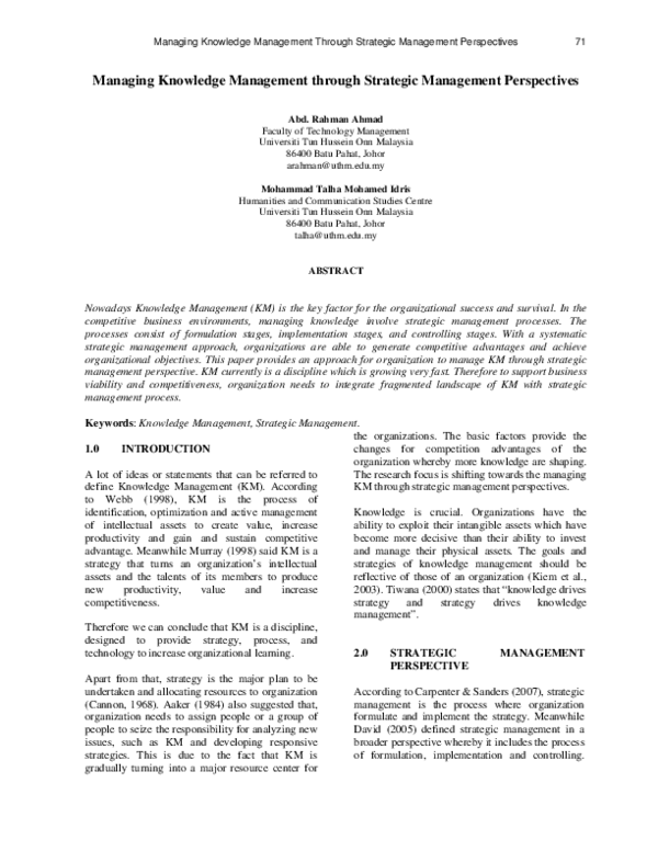 (PDF) Managing knowledge management through strategic management perspectives