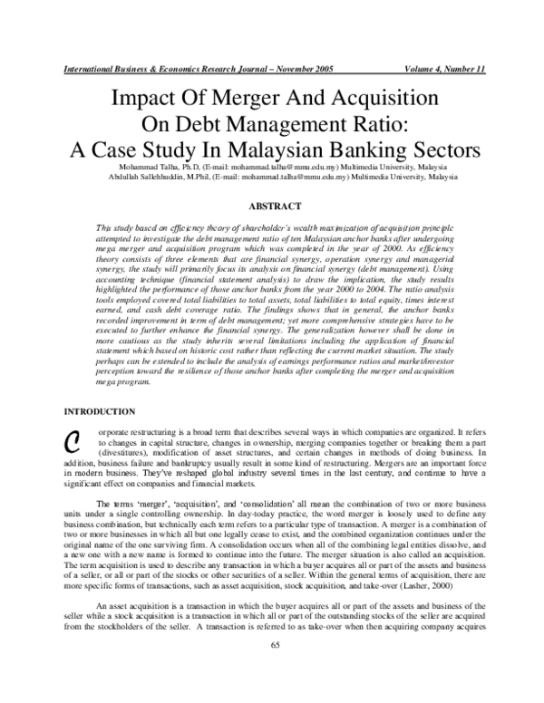 (PDF) Impact Of Merger And Acquisition On Debt Management Ratio: A Case Study In Malaysian ...