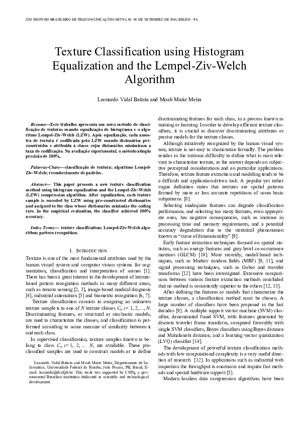 Pdf Texture Classification Using Histogram Equalization And The Lempel Ziv Welch Algorithm