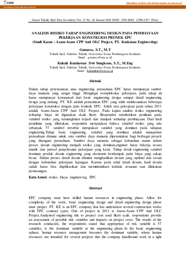 (PDF) ANALISIS RESIKO TAHAP ENGINEERING DESIGN PADA PEMBIAYAAN PEKERJAAN KONSTRUKSI PROYEK EPC ...