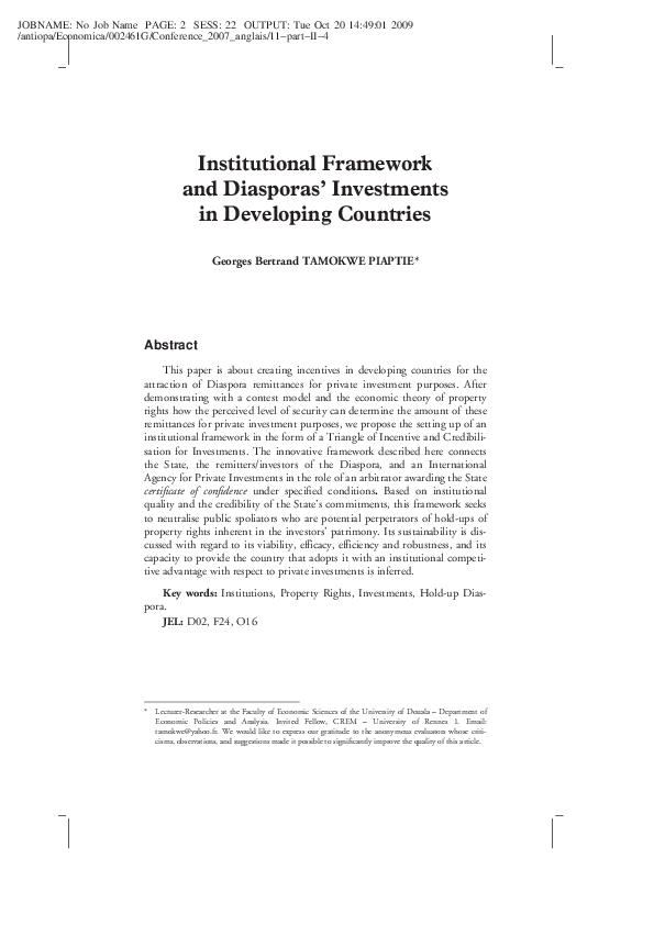 (PDF) Institutional Framework and Diasporas' Investments in Developing Countries