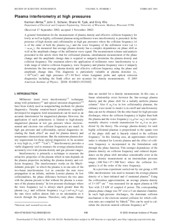 Pdf Plasma Interferometry At High Pressures 4776