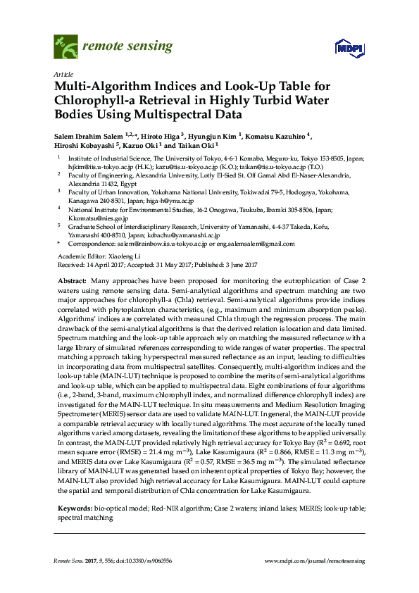Pdf Multi Algorithm Indices And Look Up Table For Chlorophyll A Retrieval In Highly Turbid