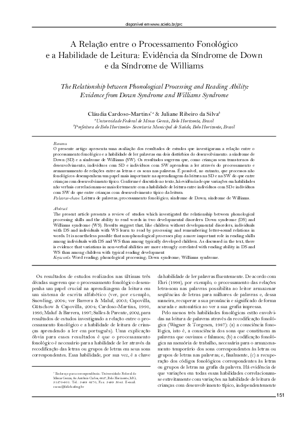 (PDF) Síndrome de Williams The Relationship between Phonological Processing and Reading Ability ...