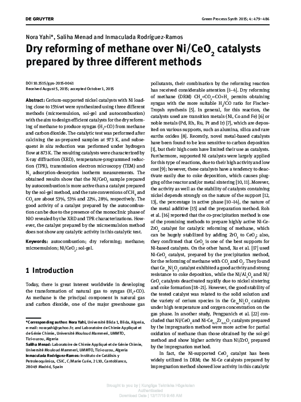 (PDF) Dry reforming of methane over Ni/CeO2 catalysts prepared by three different methods