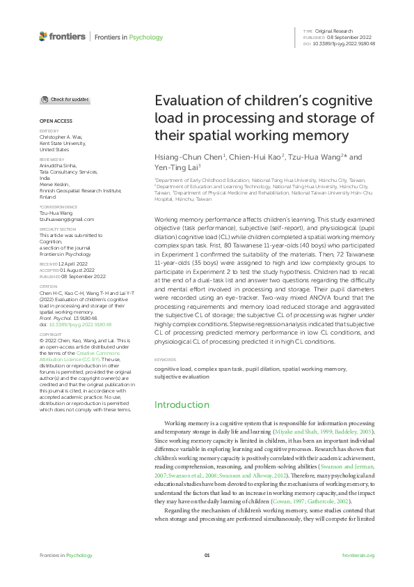 (PDF) Cognitive Load in Children's Spatial Memory