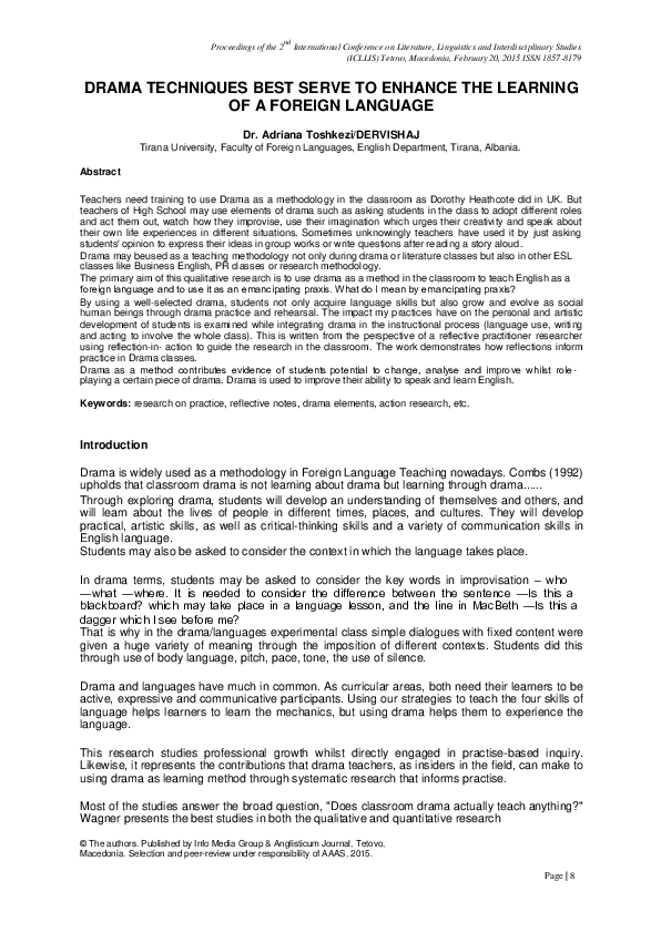 (PDF) Drama Techniques Best Serve to Enhance the Learning of a Foreign ...