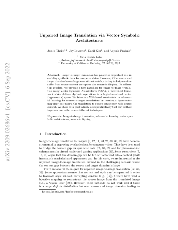 Pdf Unpaired Image Translation Via Vector Symbolic Architectures