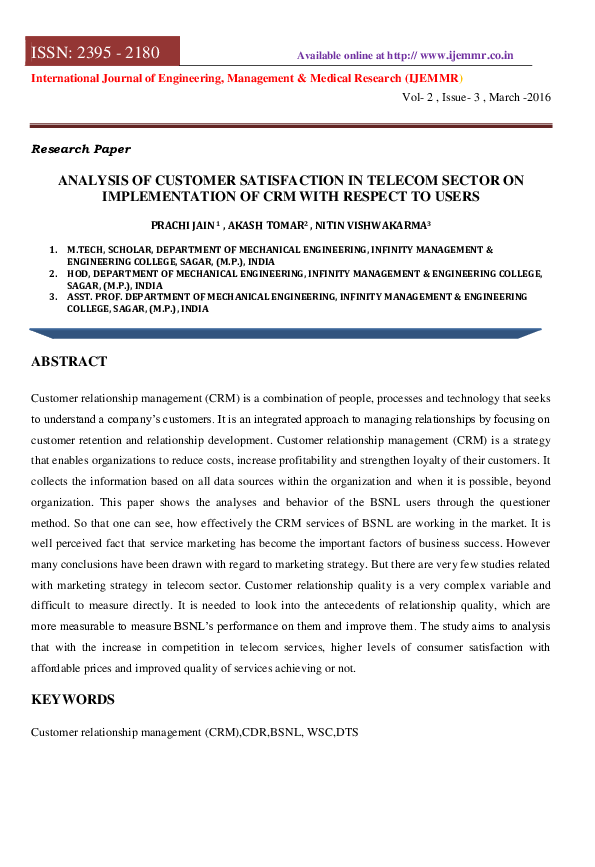 Pdf Analysis Of Customer Satisfaction In Telecom Sector On