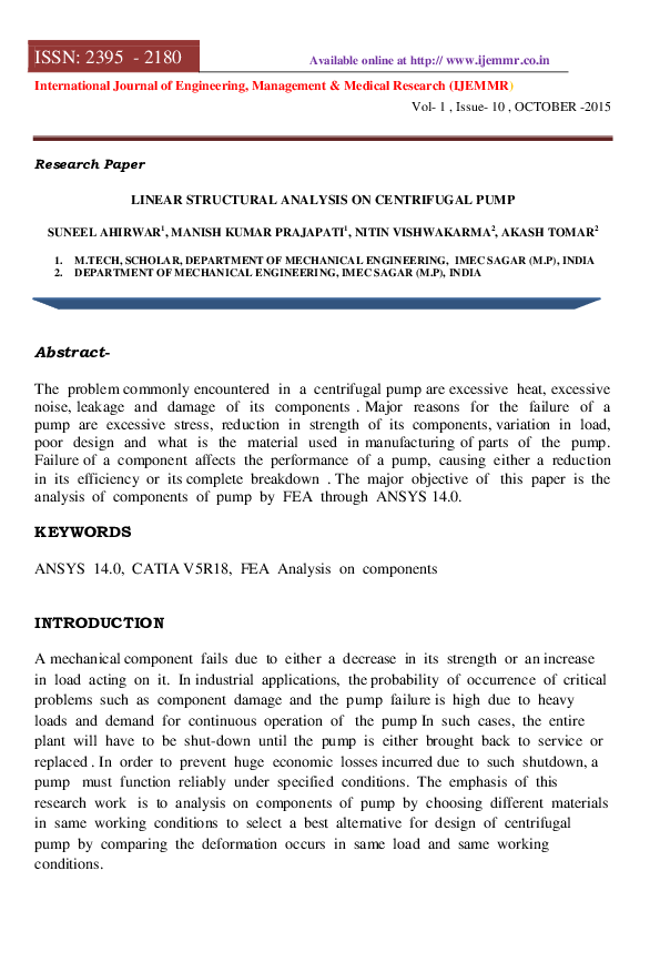Pdf Linear Structural Analysis On Centrifugal Pump