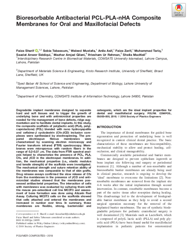 (PDF) Bioresorbable antibacterial PCL‐PLA‐nHA composite membranes for oral and maxillofacial defects