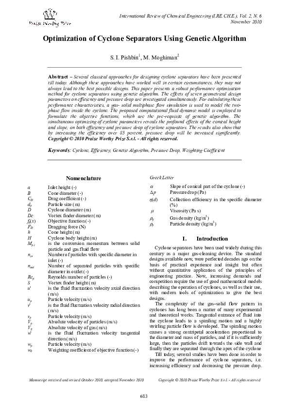 (PDF) Optimization of Cyclone Separators Using Genetic Algorithm