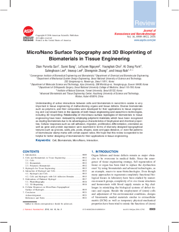 (PDF) Micro/Nano Surface Topography and 3D Bioprinting of Biomaterials in Tissue Engineering