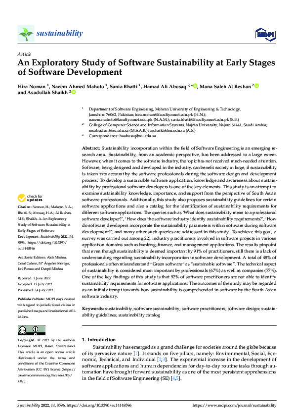 (PDF) An Exploratory Study of Software Sustainability at Early Stages of Software Development