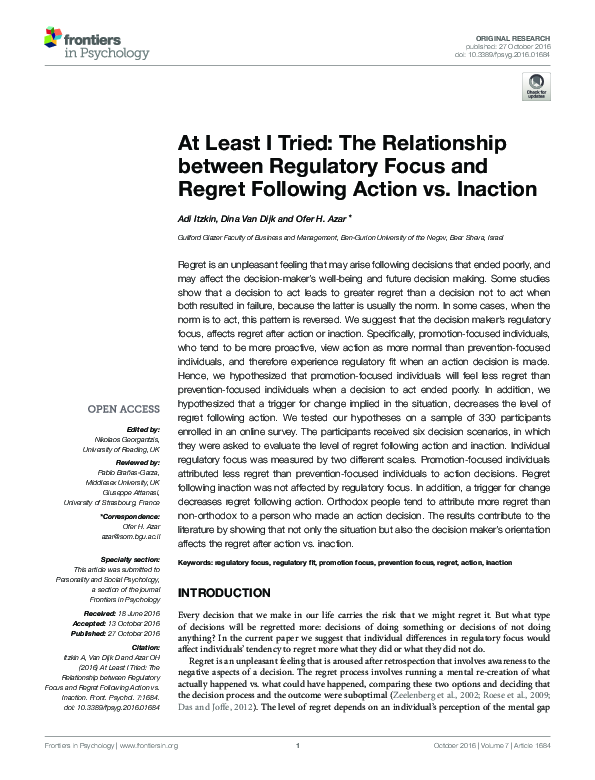 (PDF) At Least I Tried: The Relationship between Regulatory Focus and ...