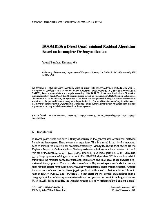 Pdf Dqgmres A Direct Quasi‐minimal Residual Algorithm Based On Incomplete Orthogonalization